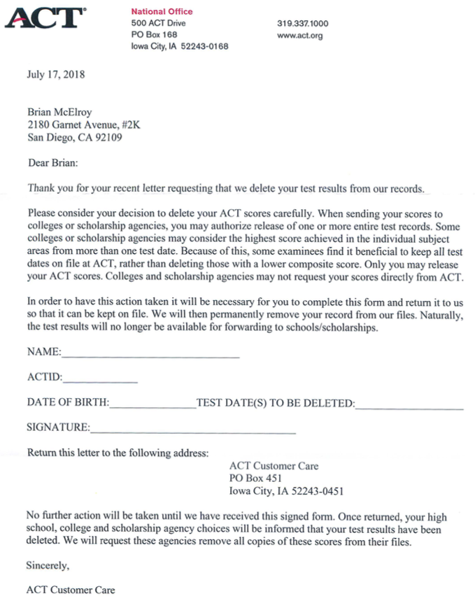 ACT Score Deletion Request Letter: Use this letter to delete any old ...